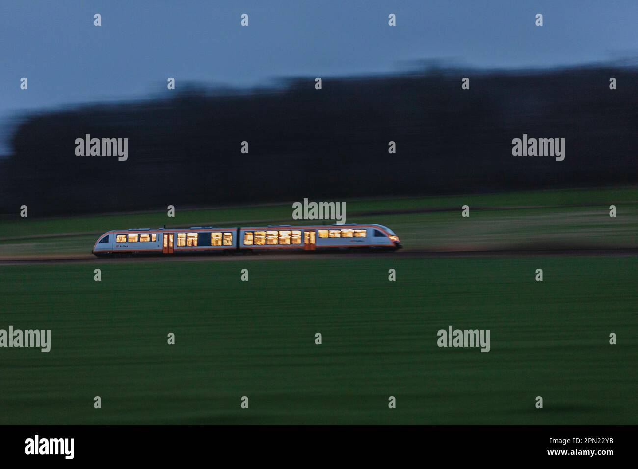 A train of the Laenderbahn Trilex in Deilaendereck Germany, Poland and ...