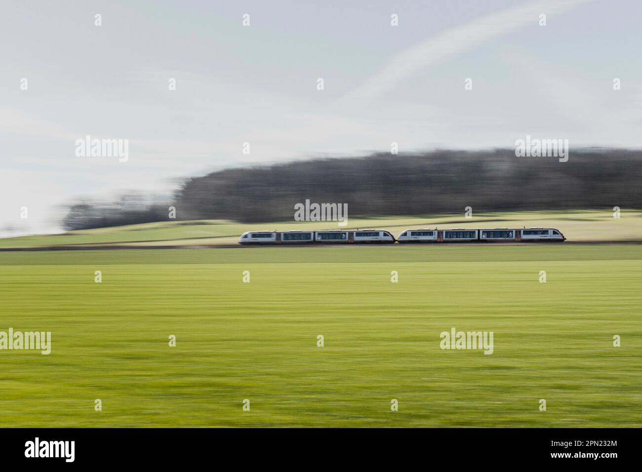 A train of the Laenderbahn Trilex in Deilaendereck Germany, Poland and ...