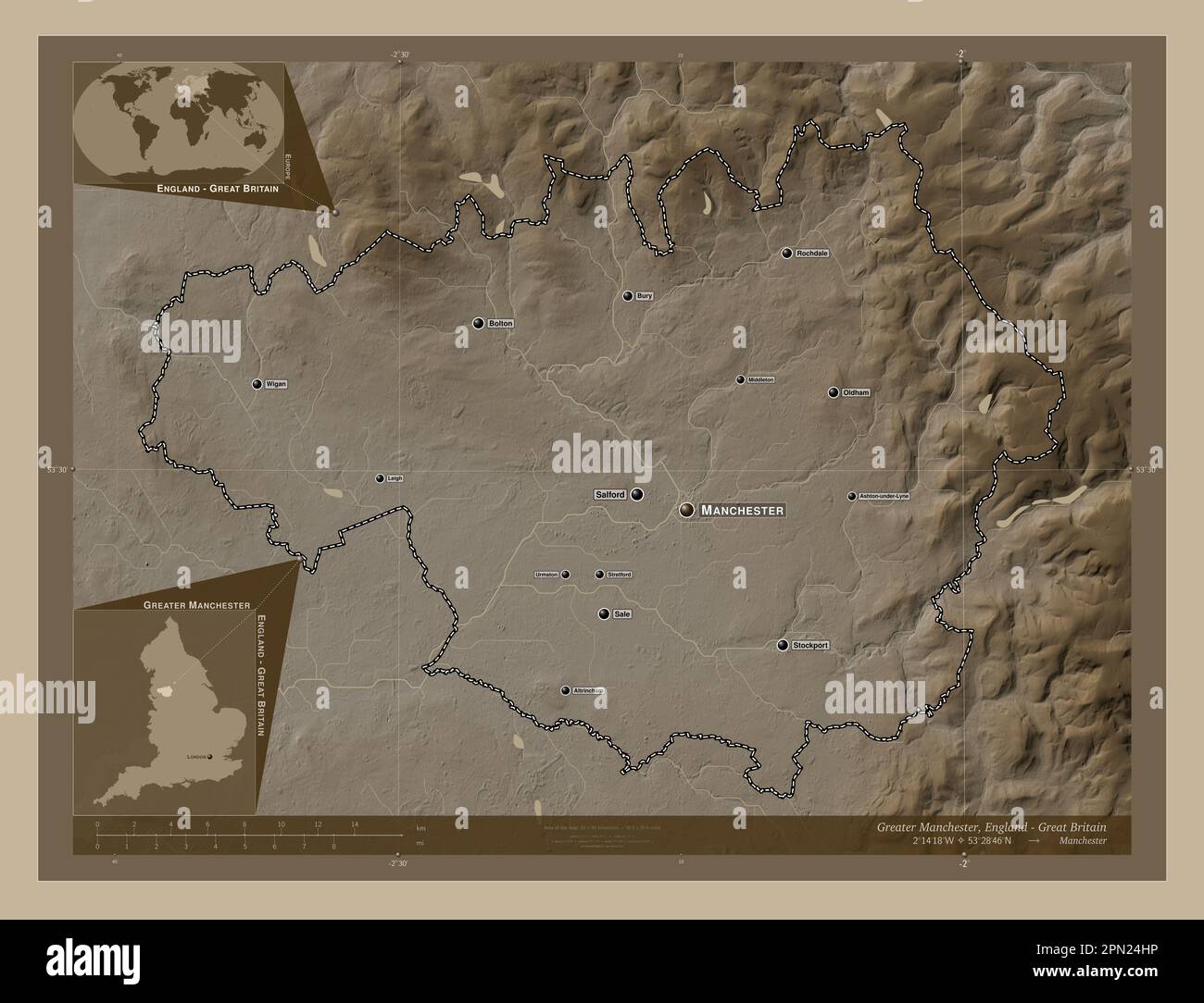 Greater Manchester, region of England - Great Britain. Elevation map ...