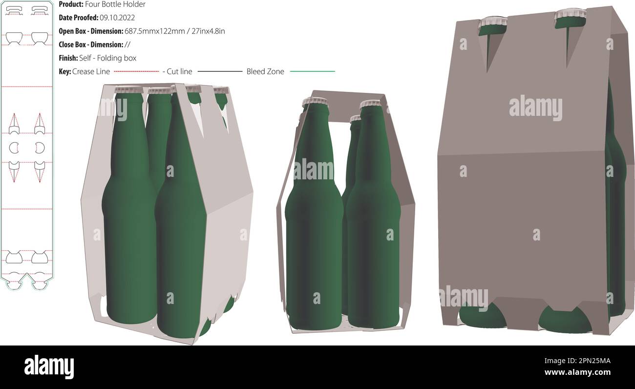 Four bottle holder top handles packaging design template selflock die ...