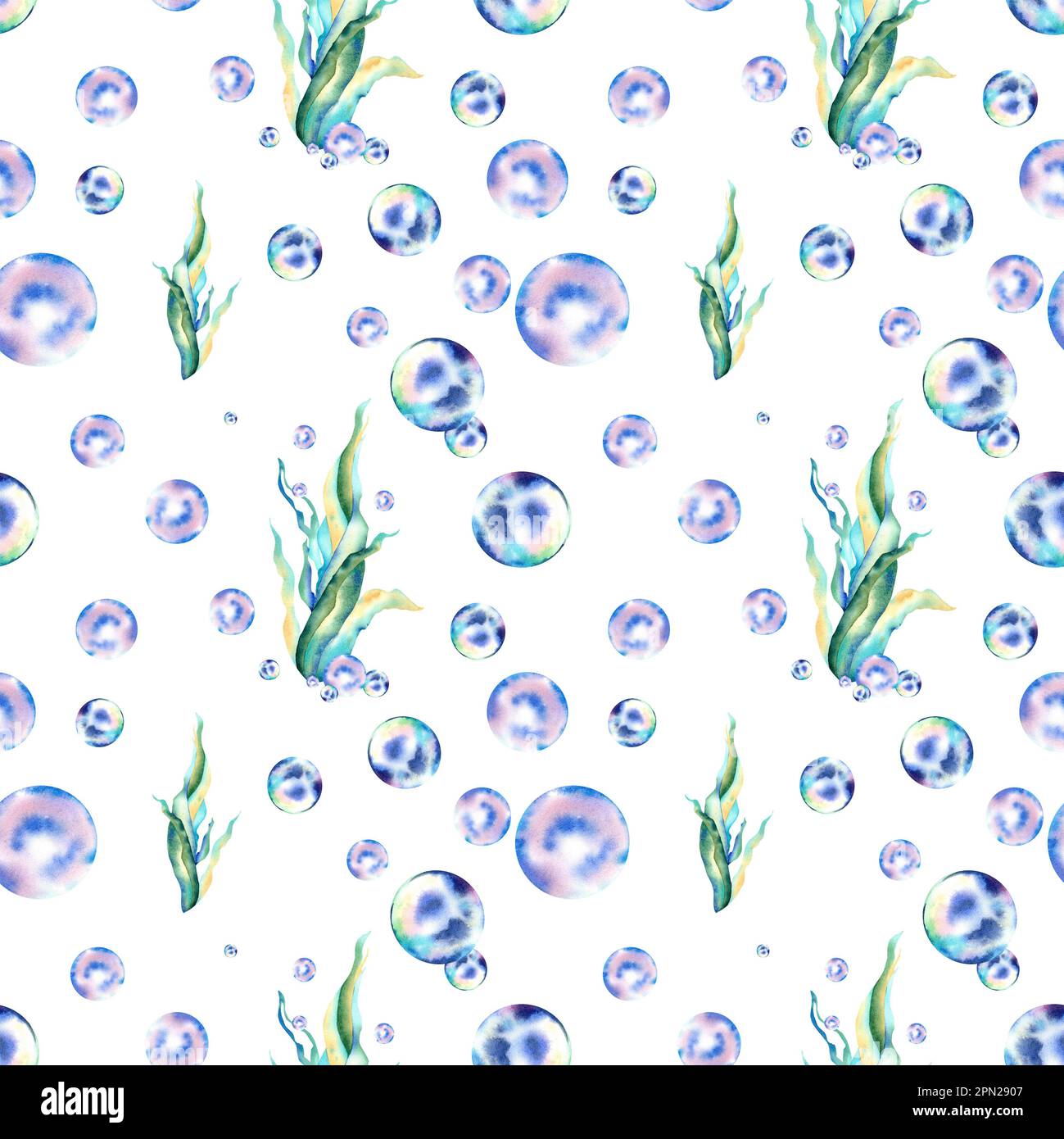 A pattern of algae and bubbles. Watercolor illustration. Collage ...