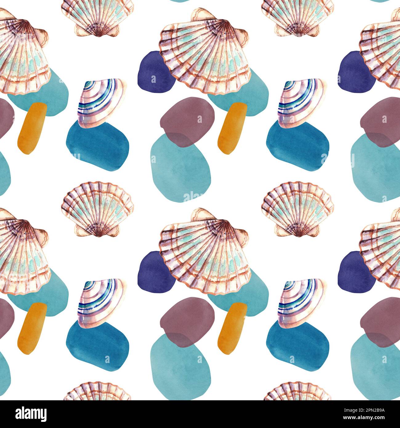A pattern of seashells and watercolor spots. Watercolor illustration ...