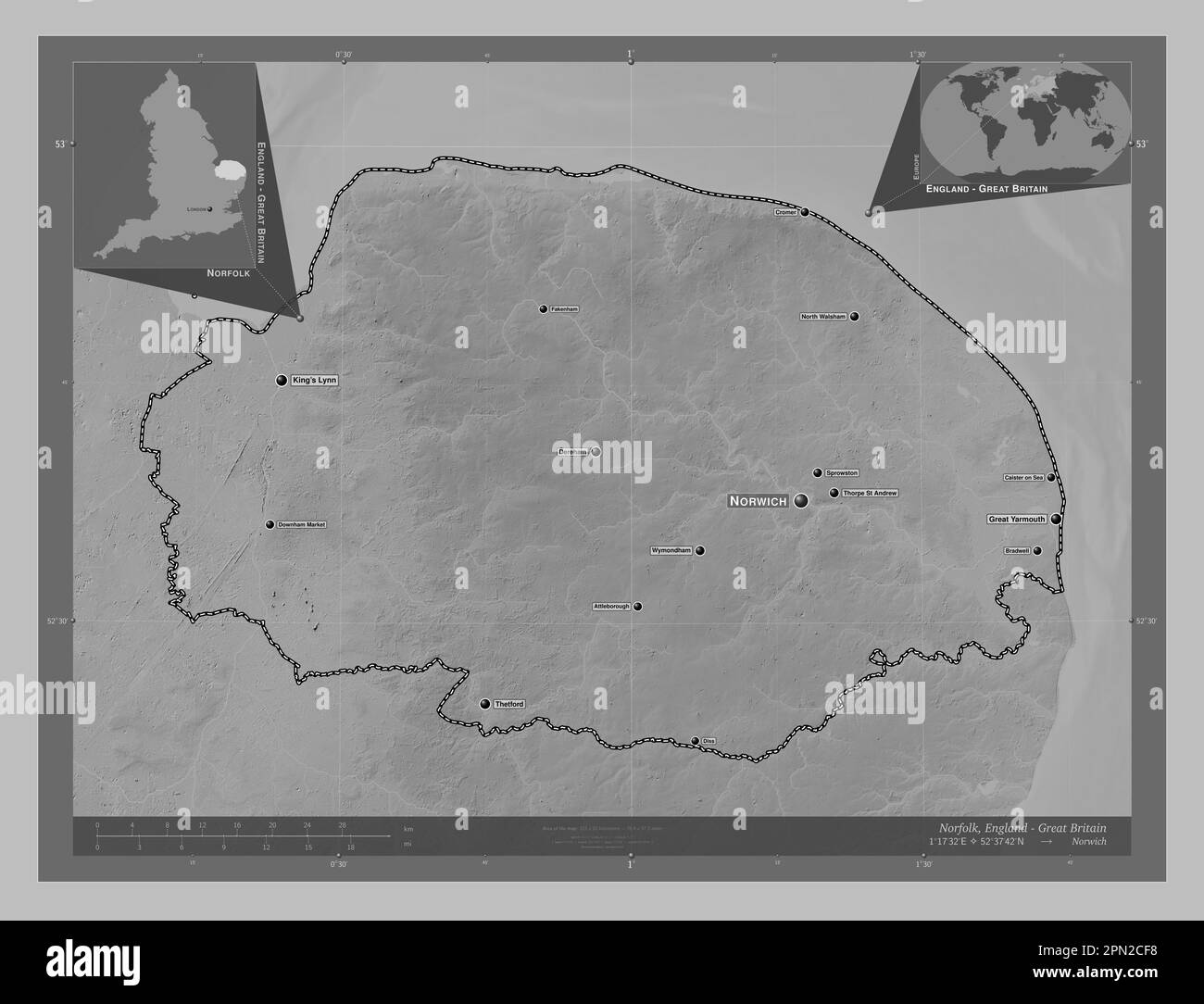 Norfolk, administrative county of England - Great Britain. Grayscale ...