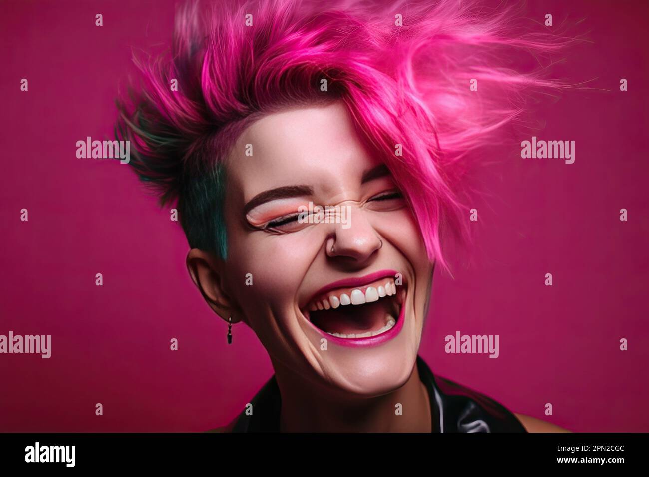 headsot of young beautiful caucasian model laughing loudly on purple ...