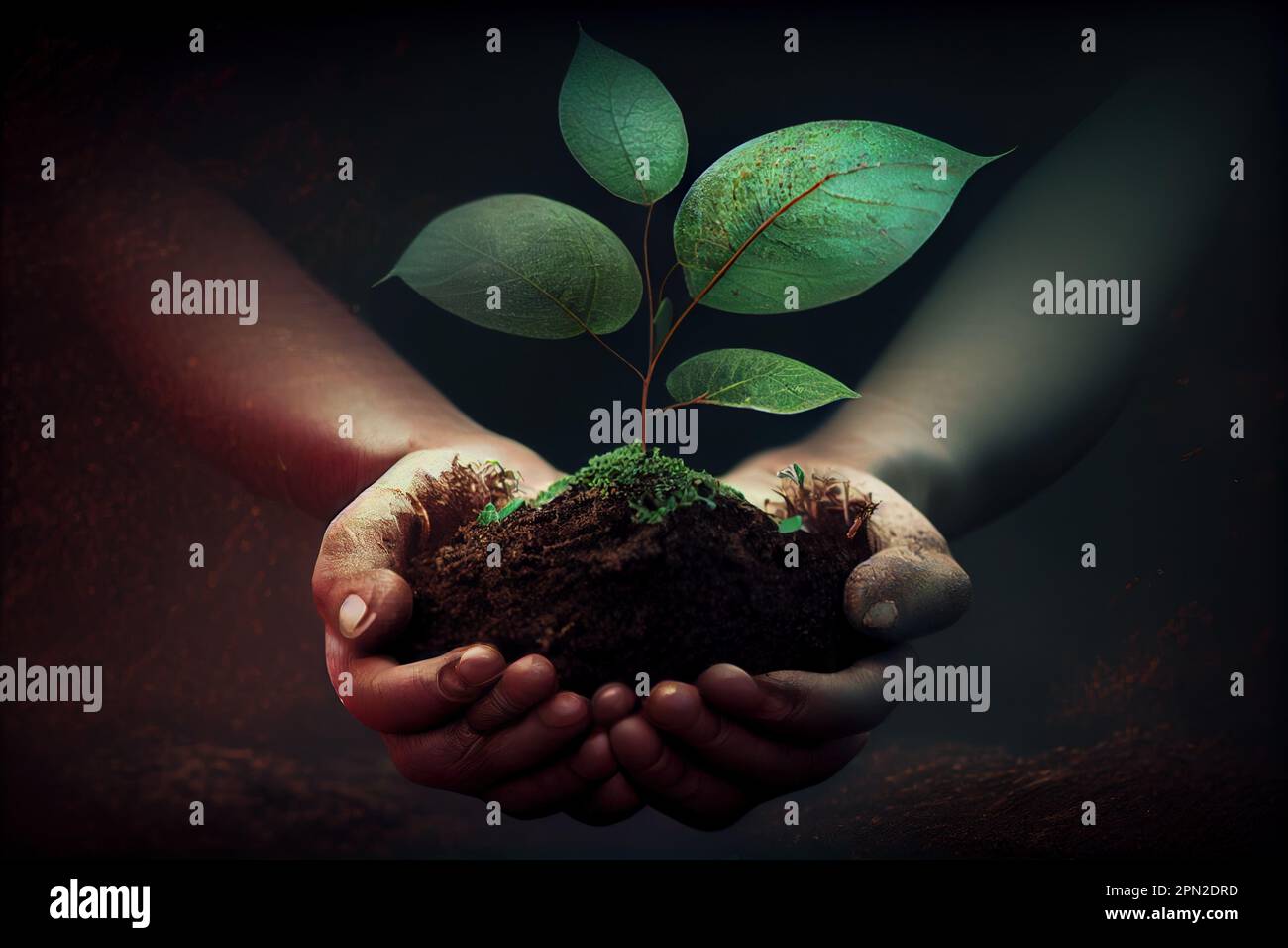 green laboratory plant growing in fertile soil, hands holding growing ...