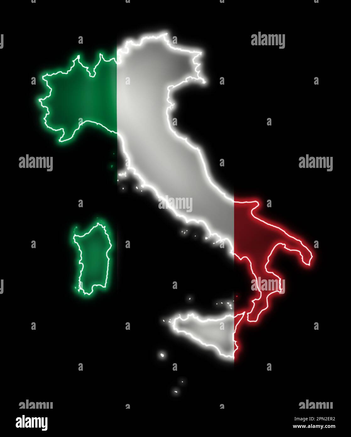 Map of Italy with glowing lights flag on a black background Stock Photo ...
