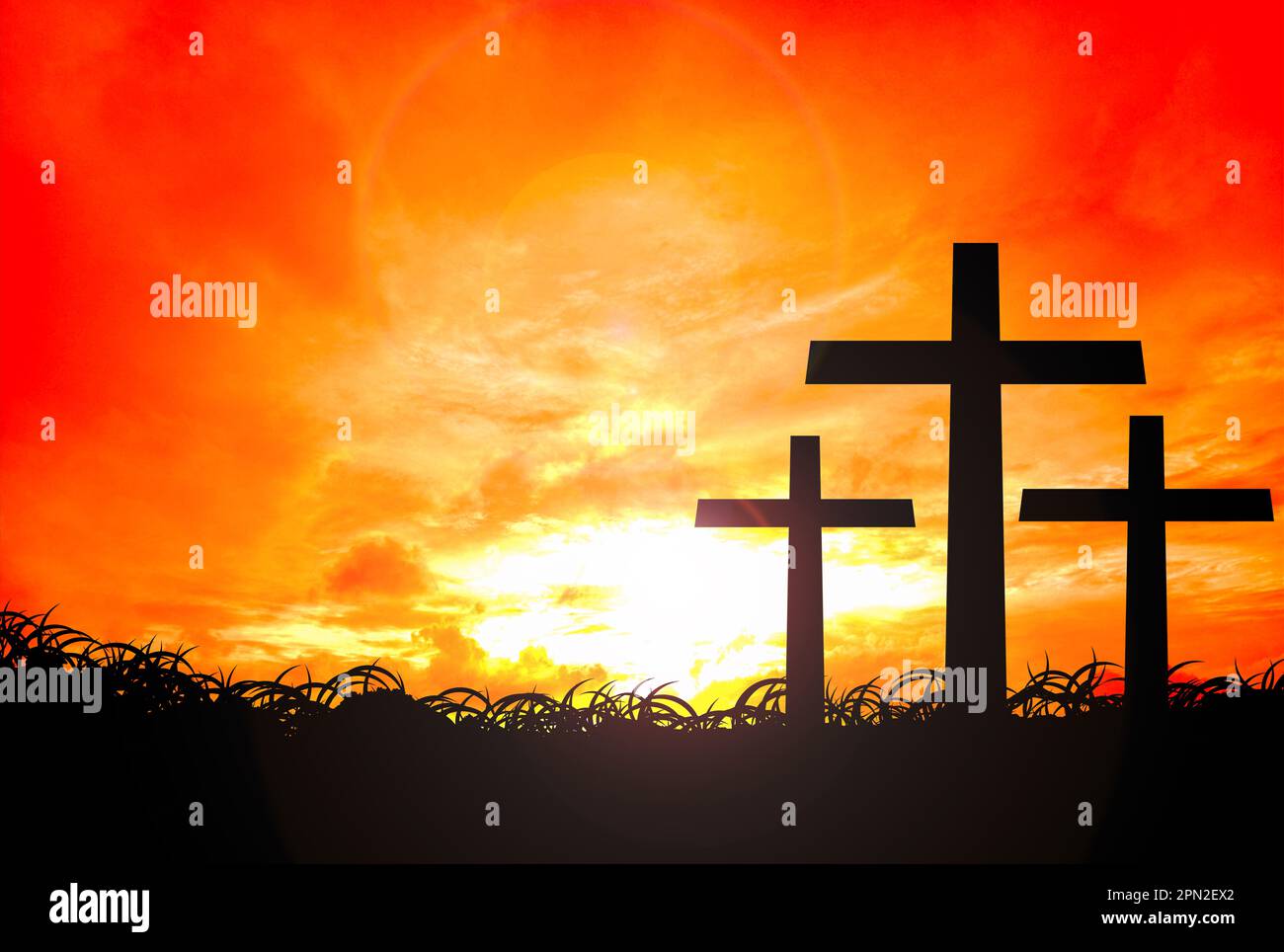 Crosses of Jesus Christ on the sunset background Stock Photo - Alamy