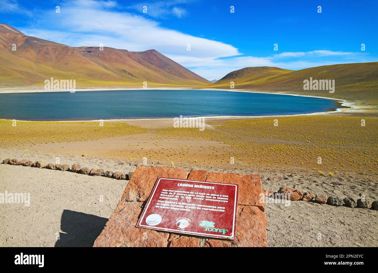 Laguna Miniques lake with the information board, located in the ...