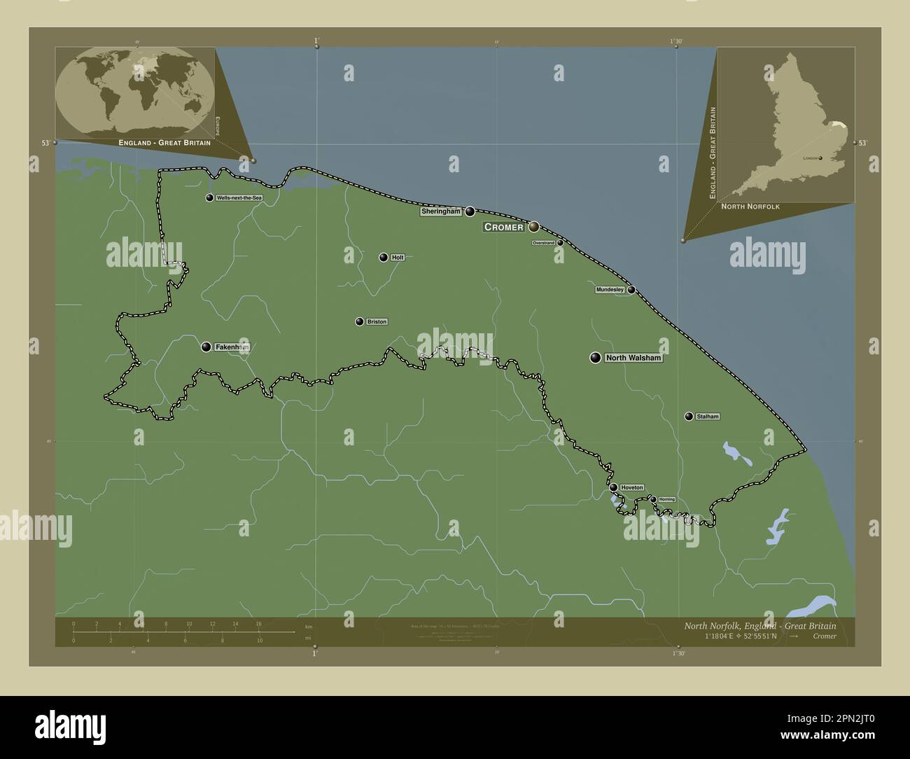 North Norfolk, non metropolitan district of England - Great Britain. Elevation map colored in ...