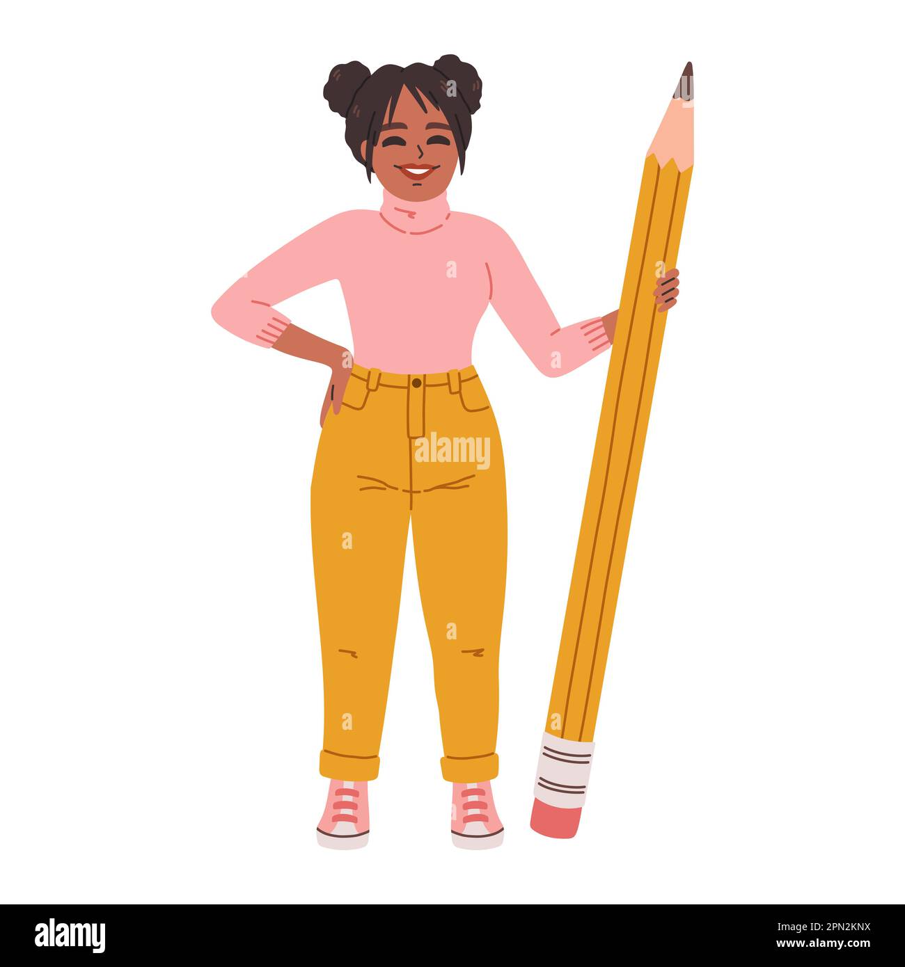 Cute black student girl standing with a large pencil. Flat design style ...