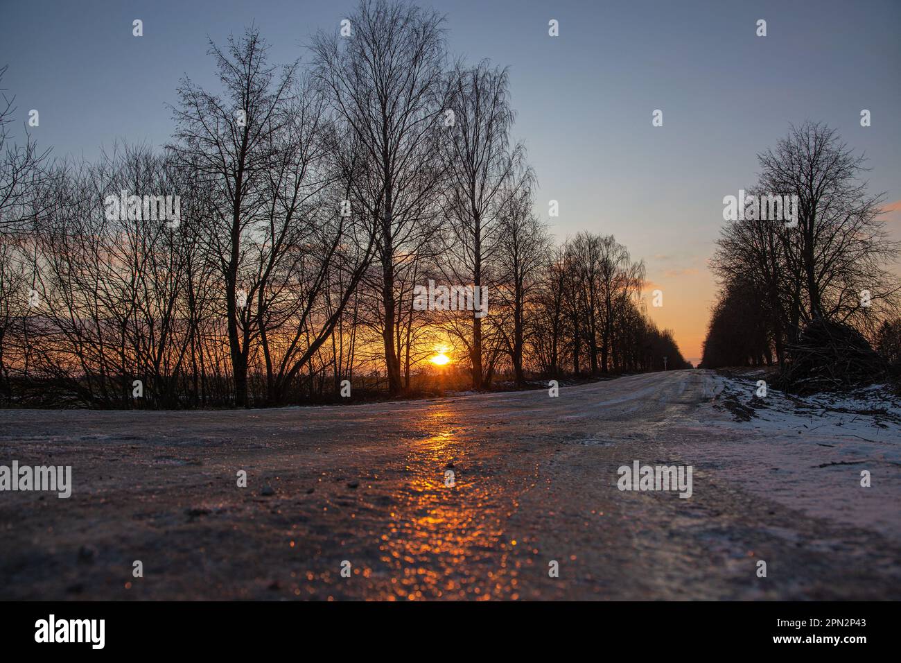 The winter road is illuminated by the sunset. The frozen nature of ...