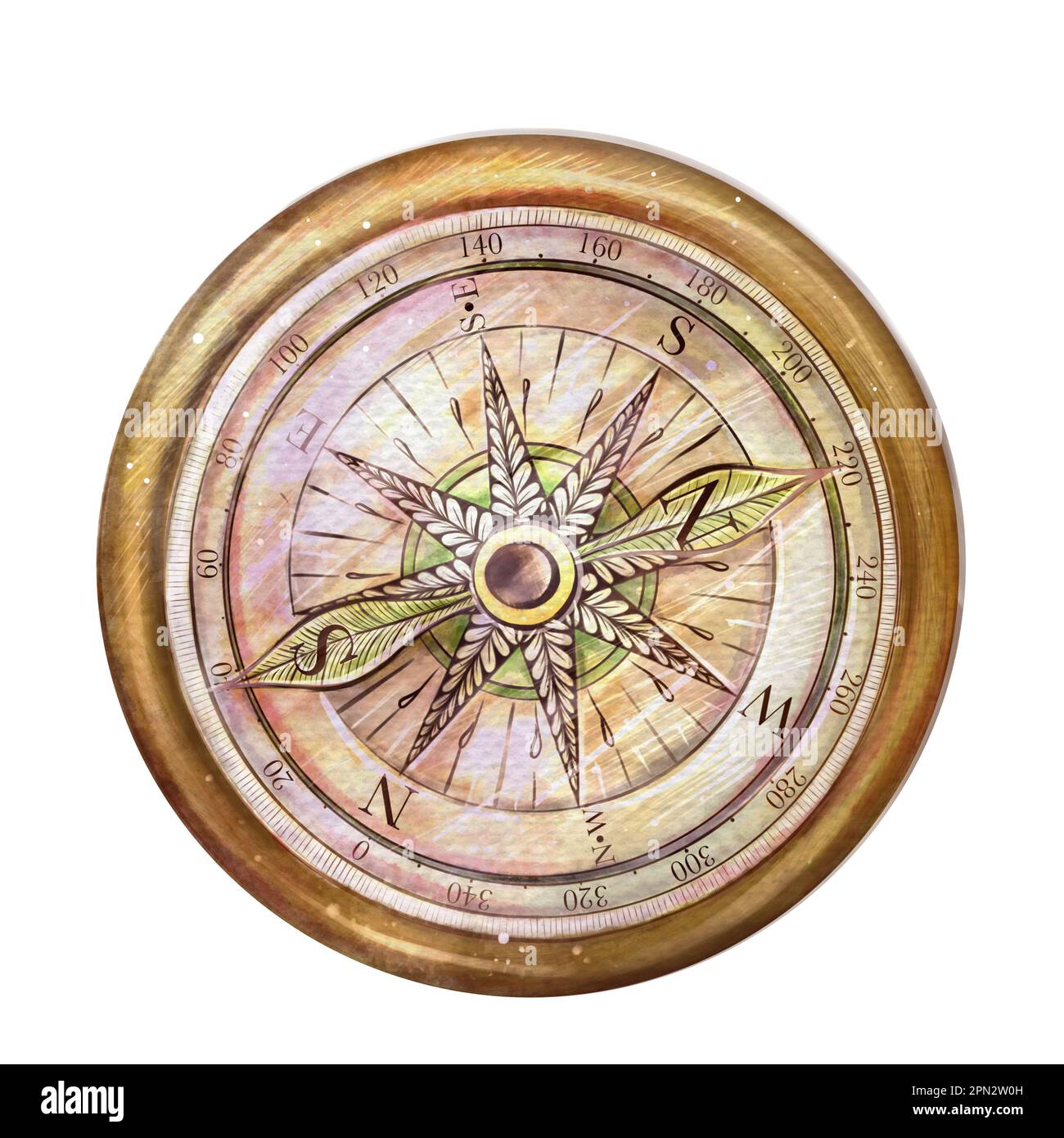 Vintage Gold Compass Watercolor Freehand Drawing Isolate Hand Drawing Vintage Clip Art Element
