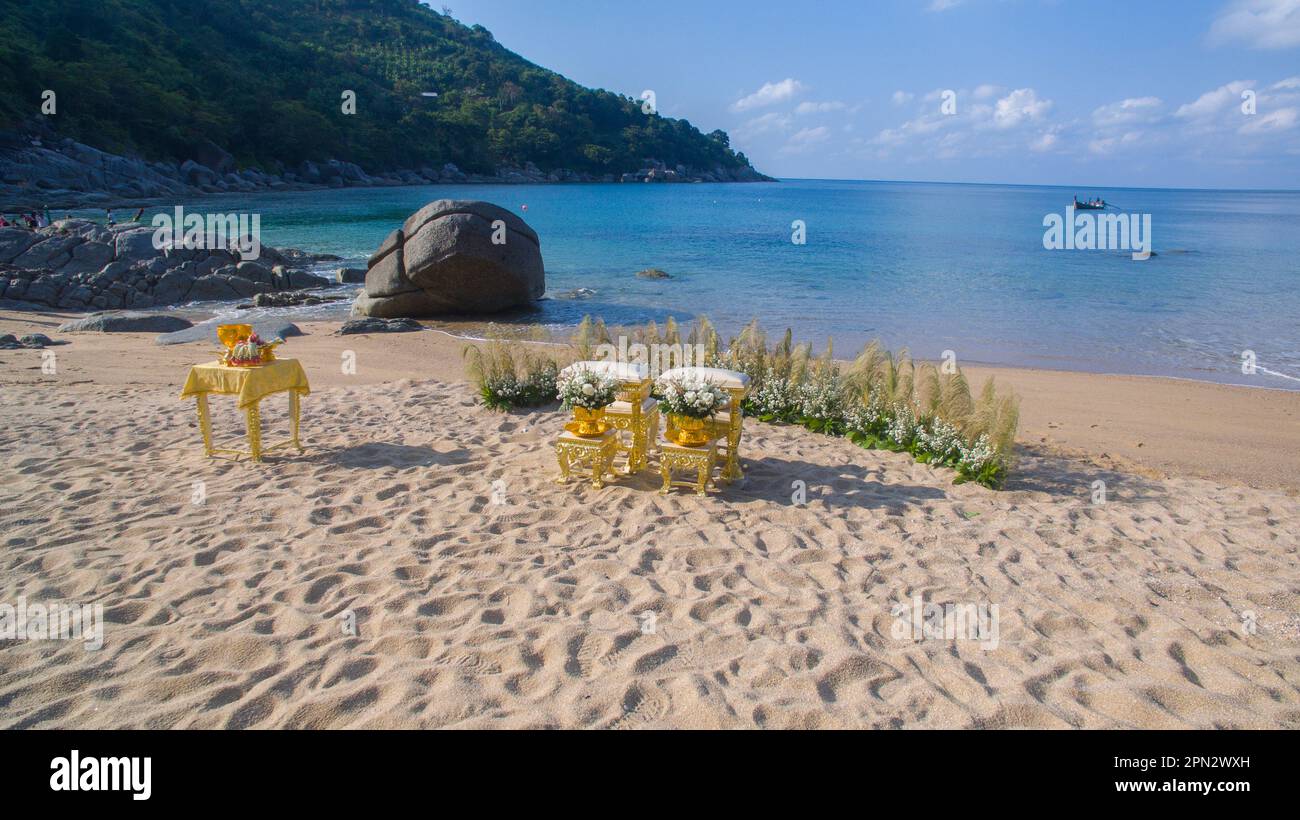 aerial view The turquoise sea in a small round bay is hidden in a ...