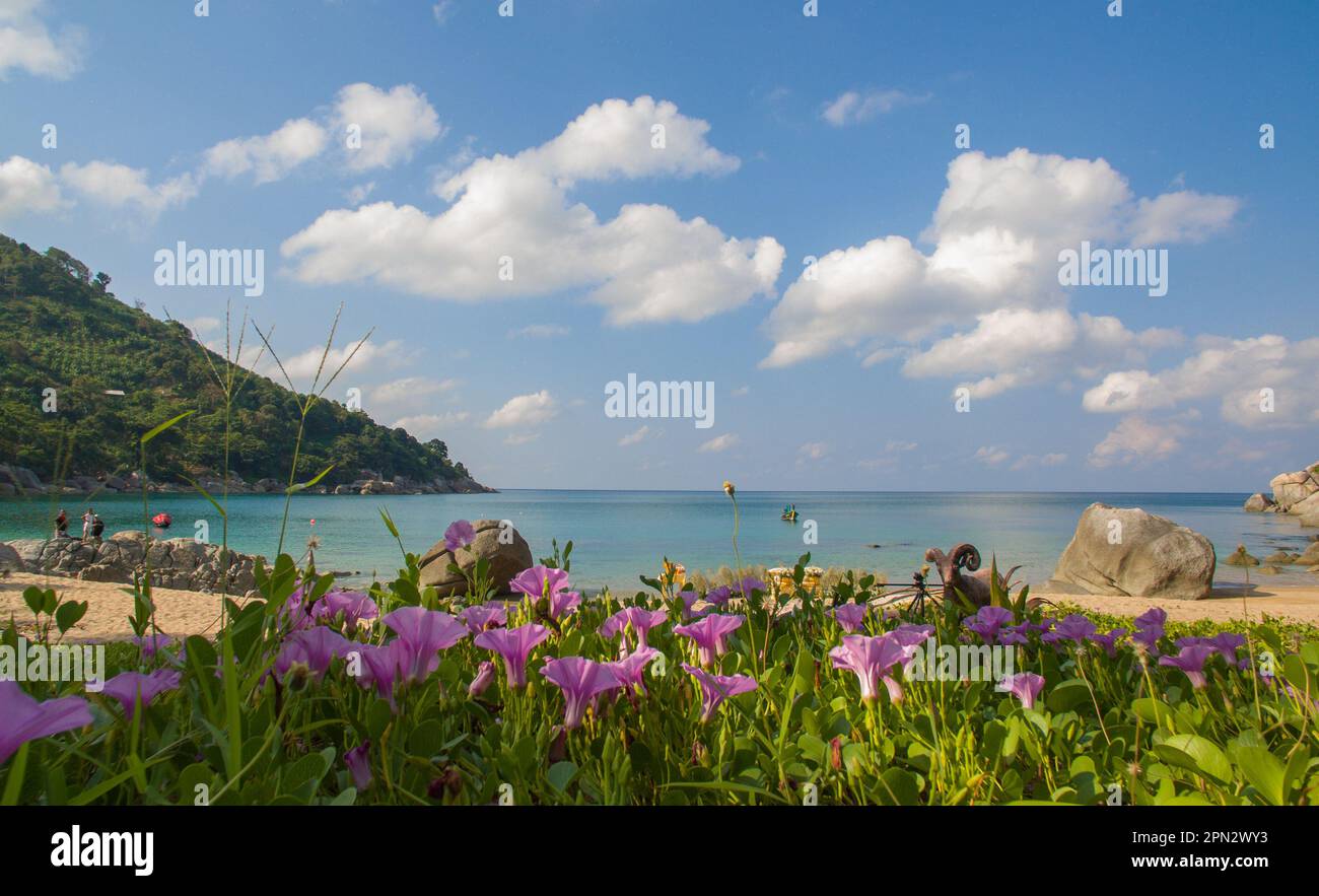 aerial view The turquoise sea in a small round bay is hidden in a ...