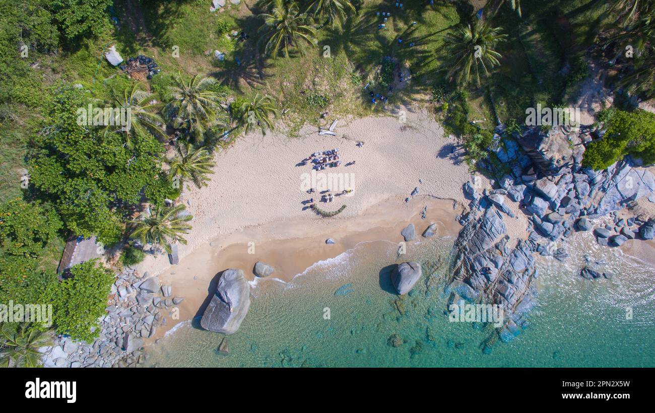 aerial Top view, hidden beach is round shape with smooth white sand ...