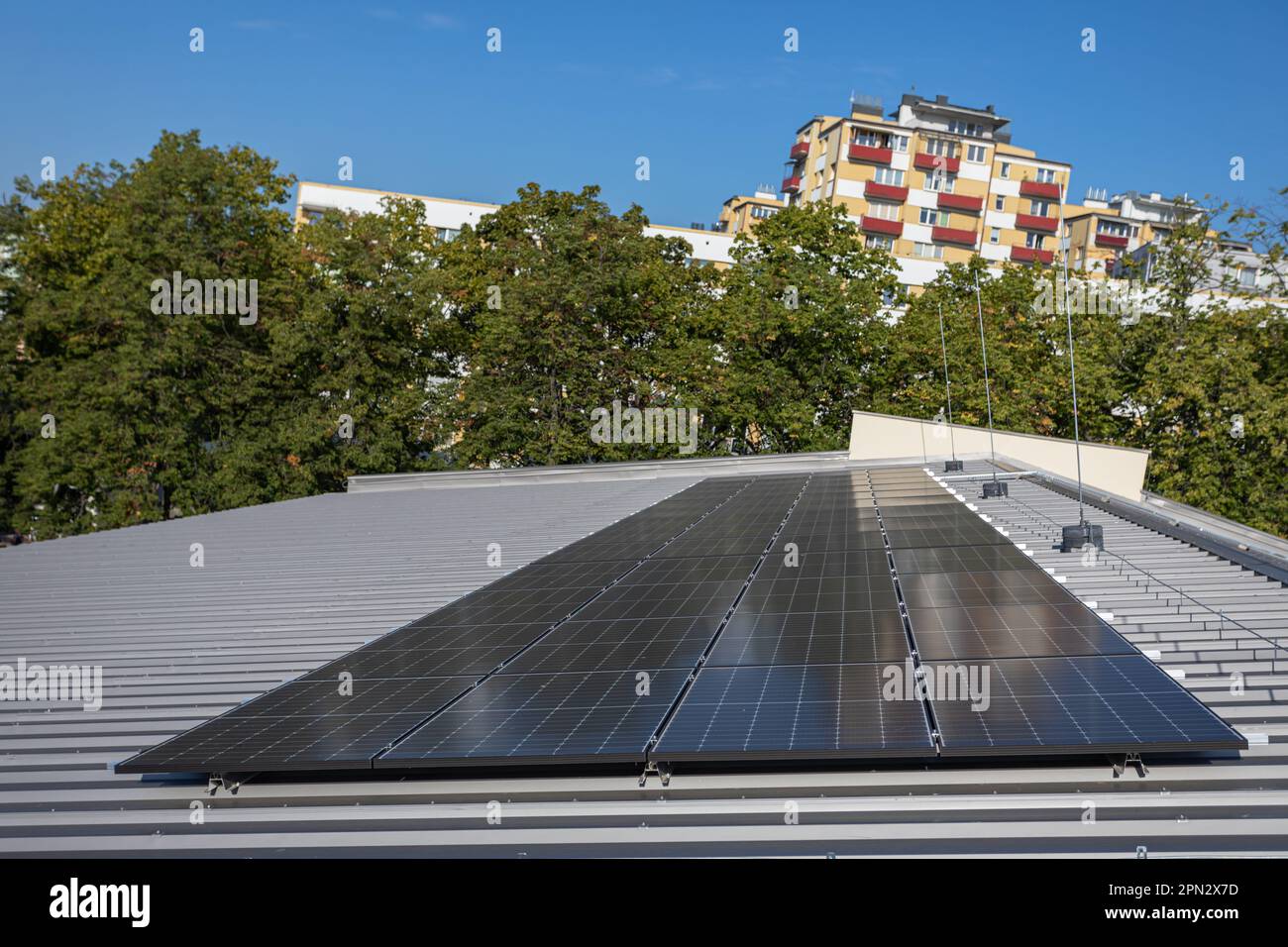 Top view of the roof with photovoltaic panels installed Stock Photo - Alamy