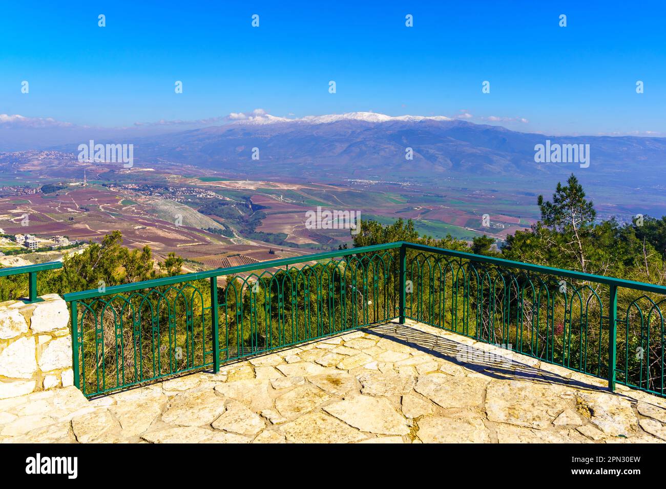 View of an observation deck, with the Hula Valley (upper Jordan River ...