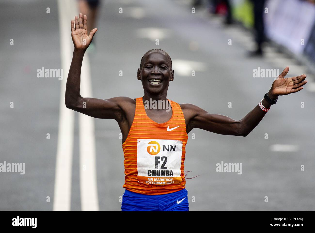 ROTTERDAM – Eunice Chumba from Bahrain crosses the finish line during ...