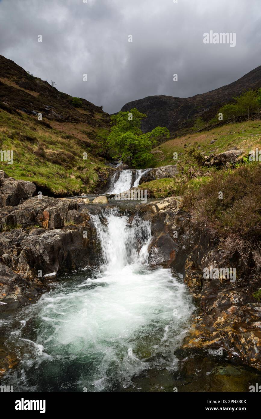 Waterfalls in Cwm Llan beside the well known Watkin Path, Snowdonia ...