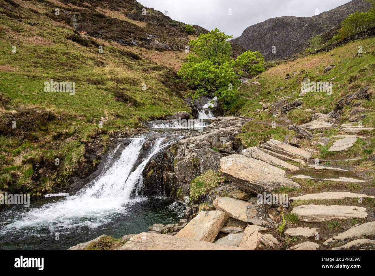Waterfalls in Cwm Llan beside the well known Watkin Path, Snowdonia ...