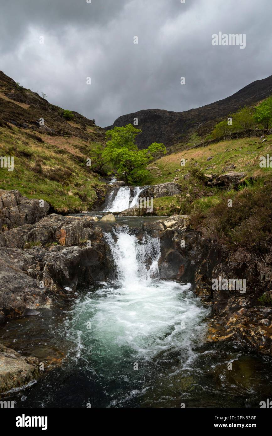 Waterfalls in Cwm Llan beside the well known Watkin Path, Snowdonia ...