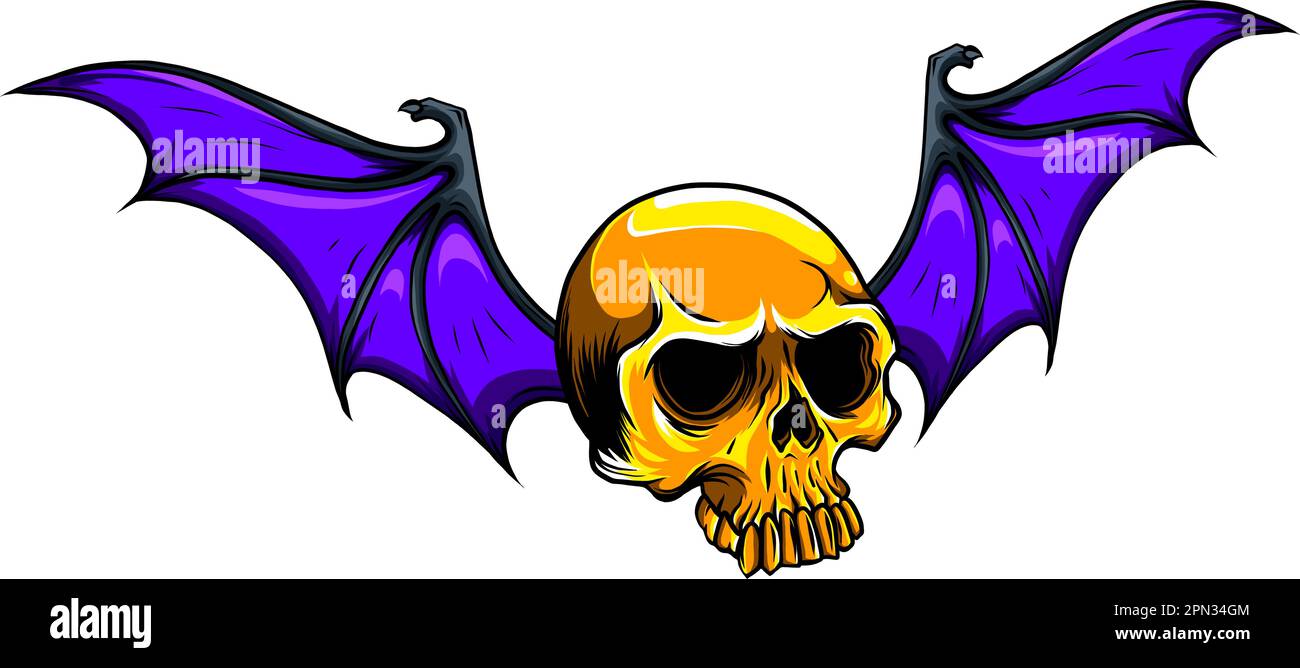 vector illustration of skull and bat wing on white background. digital ...