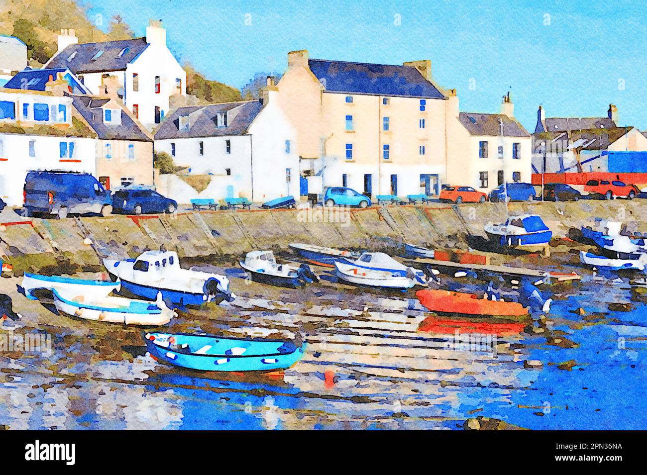 Stonehaven harbour and town at sunrise during the summer, a digital ...