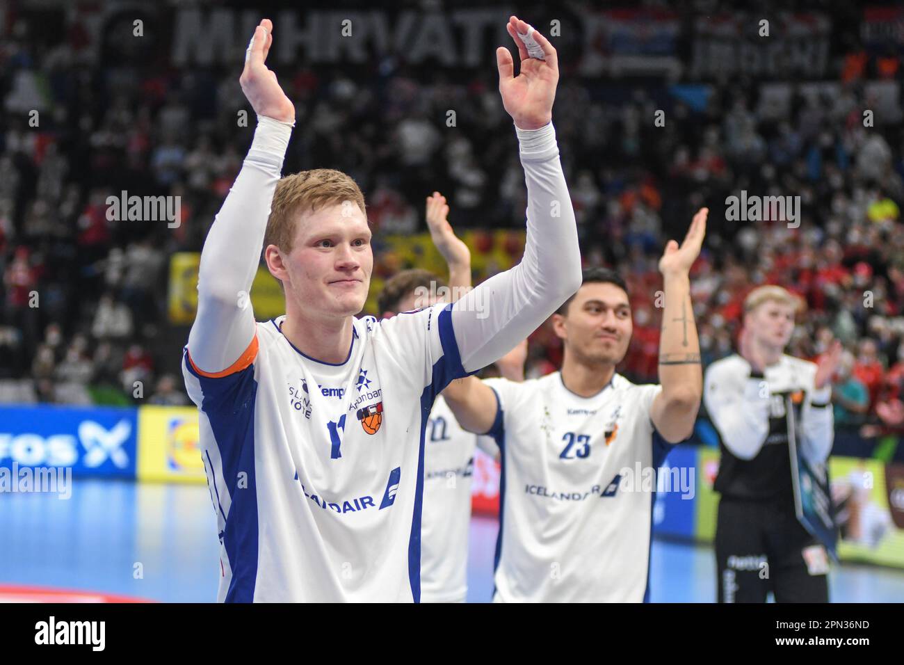 Ymir Gislason (Iceland) celebrating the win against France. EHF Euro ...