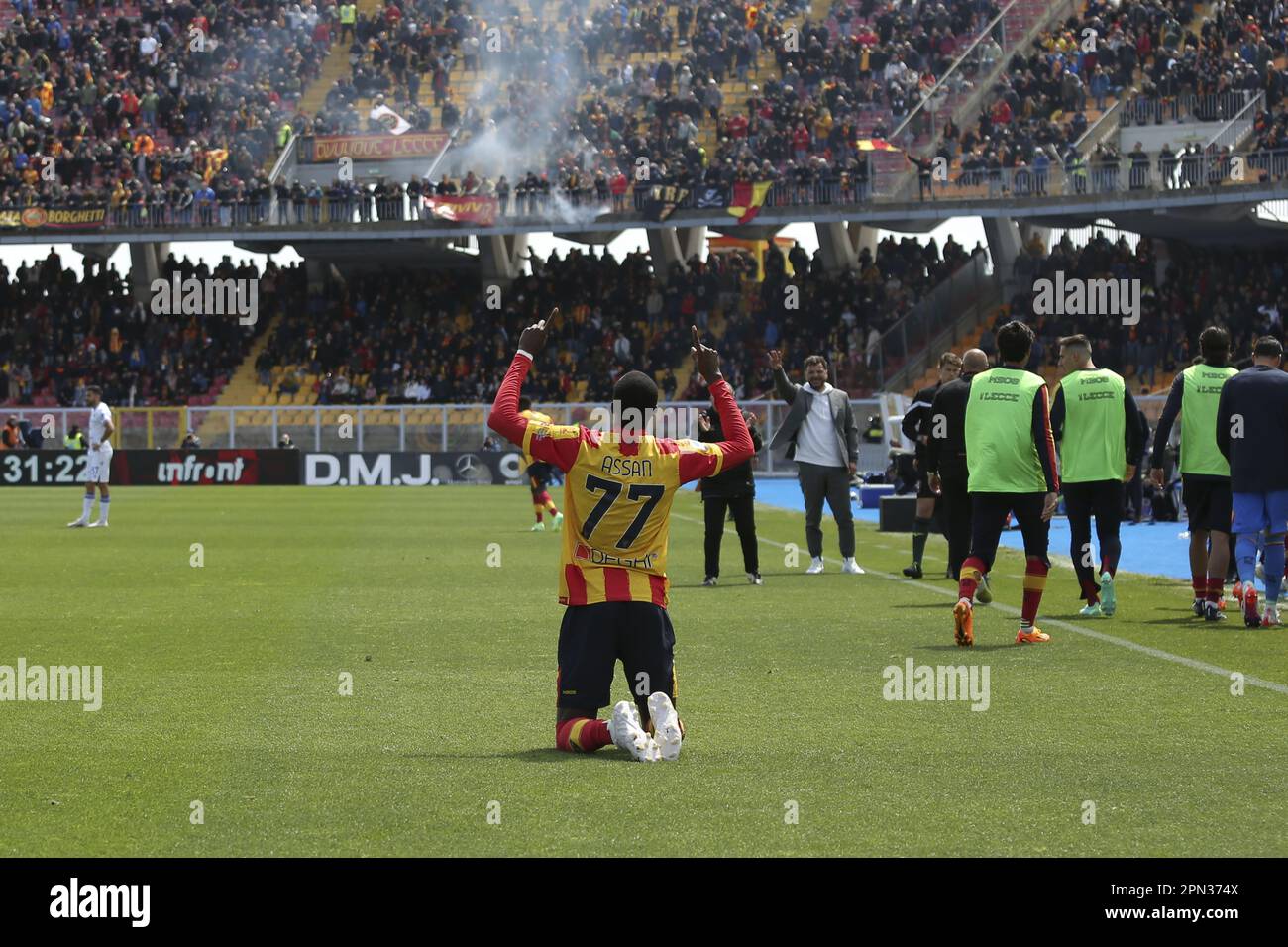 Lecce, Italy. 16th Apr, 2023. Assan Ceesay (Lecce) celebrates the goal ...