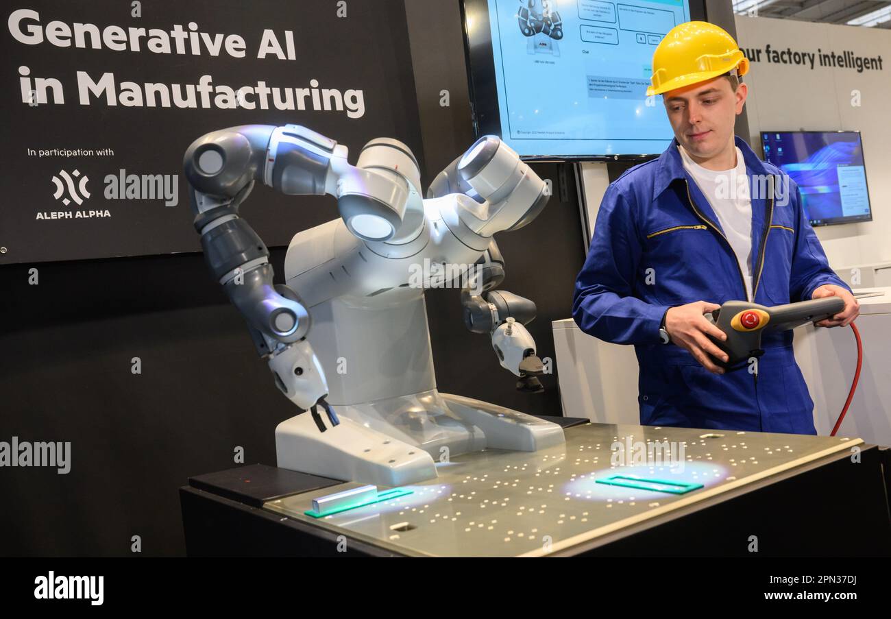 Hanover, Germany. 16th Apr, 2023. Philip Singer demonstrates a robot ...