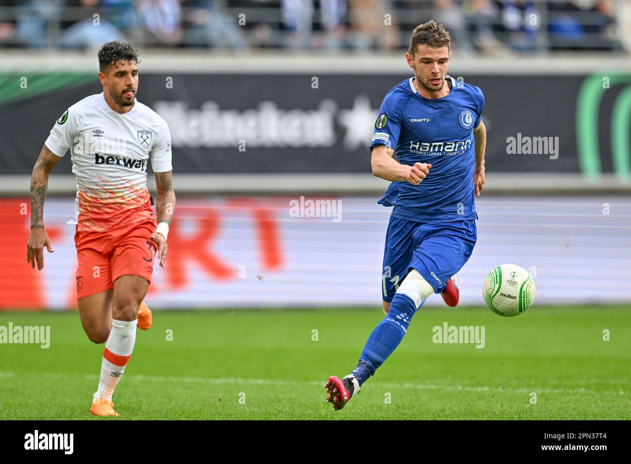 Emerson of West Ham and Hugo Cuypers of Gent pictured during a soccer ...
