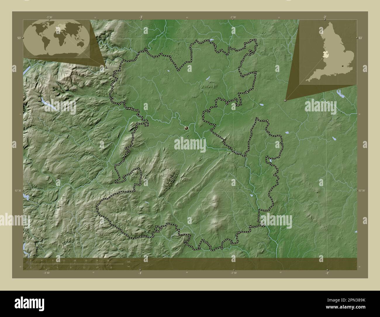 Shropshire, administrative county of England - Great Britain. Elevation map colored in wiki ...