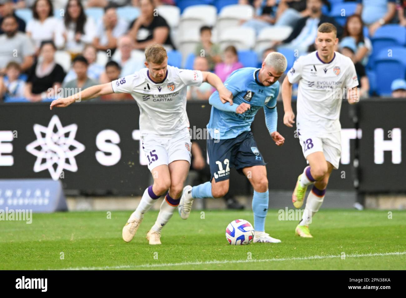Sydney, Australia. 16th Apr, 2023. Jordan Elsey (L) of Perth Glory team ...