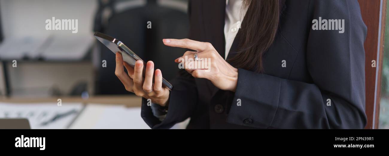 Work of secretary concept, Female secretary working on smartphone and ...