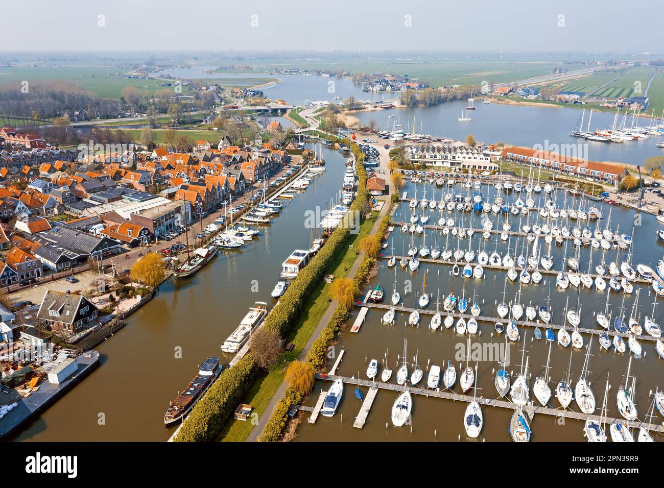 Aerial from the traditional city and harbor from Monnickendam in the ...