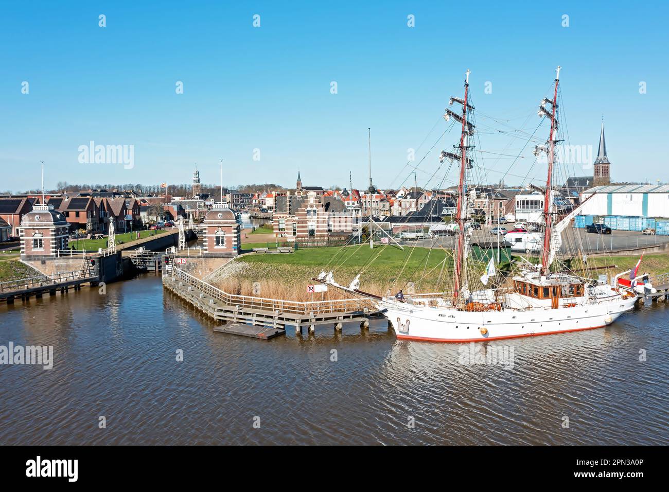 Aerial from the historical city Lemmer with an old traditional sailing ...