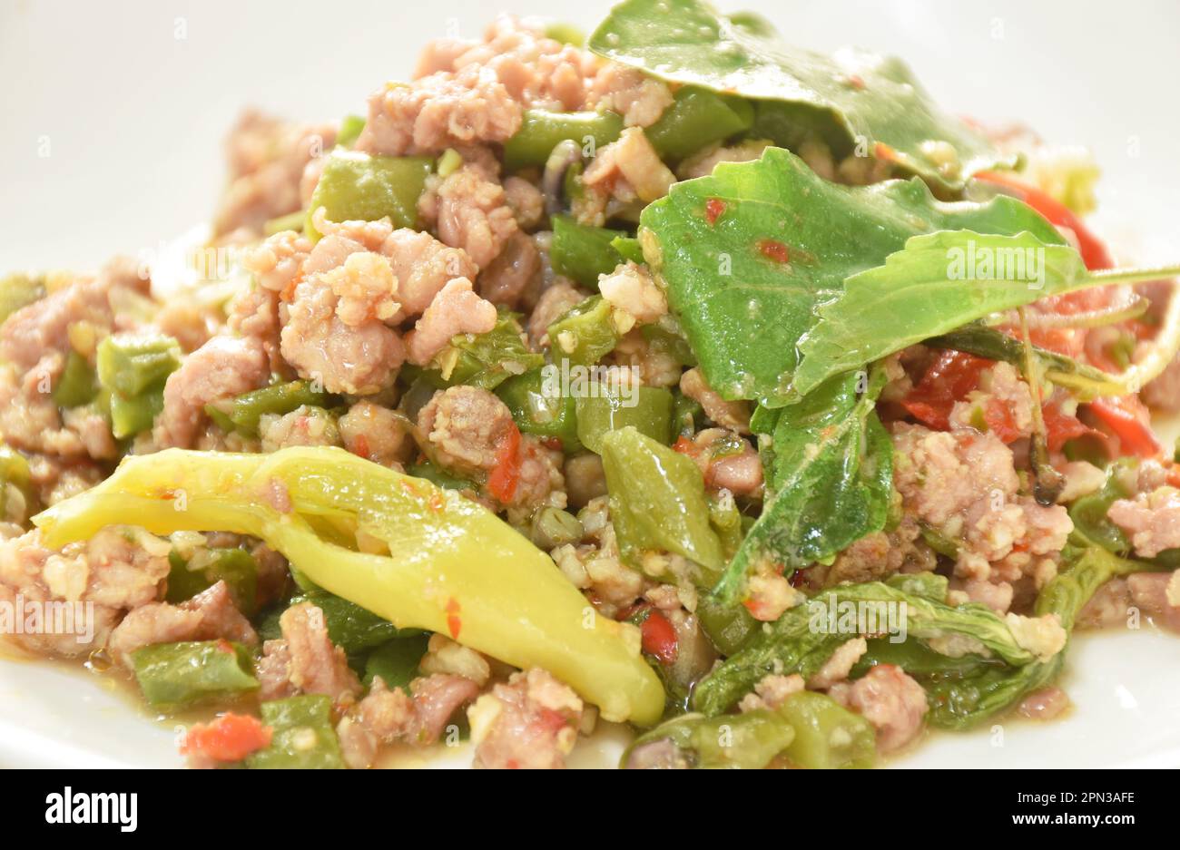 spicy stir fried chop pork with chili and basil leaf on plate Stock ...