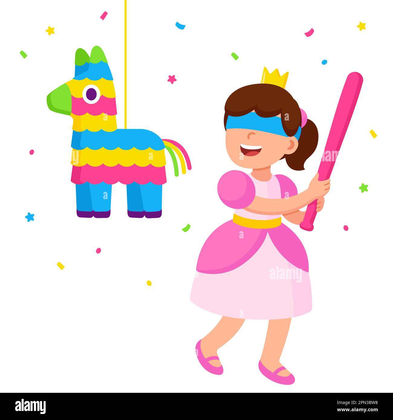Little girl in princess dress hitting pinata with a bat. Children's ...