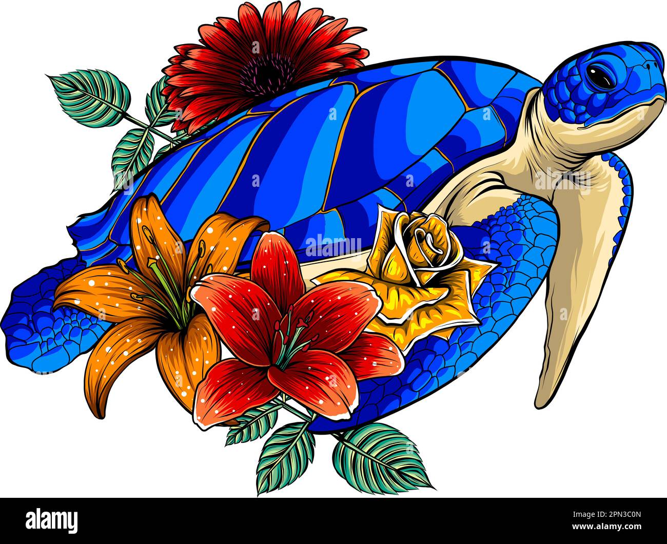 vector illustration of Sea turtle with flower on white background Stock ...