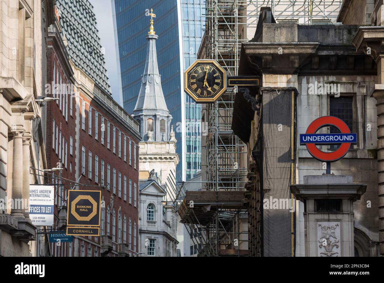 Variety of London architecture at Bank Underground Station in the City ...