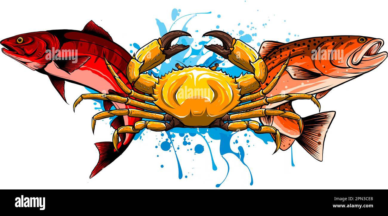 Set of vector seafood and fish. Cartoon flat vector Illustration Stock ...