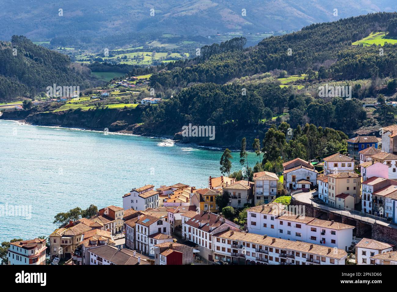 Aerial view of the pretty tourist village of Lastres on the north coast ...