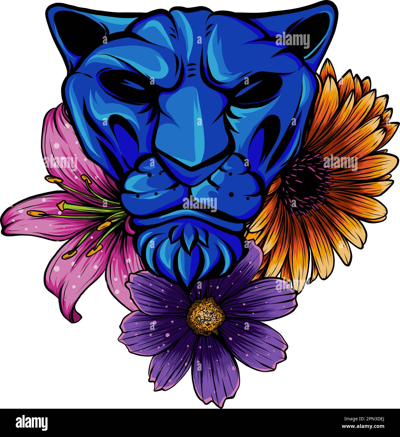 Leopard jaguar with flowers. Jaguar face with flowers, color tattoo ...