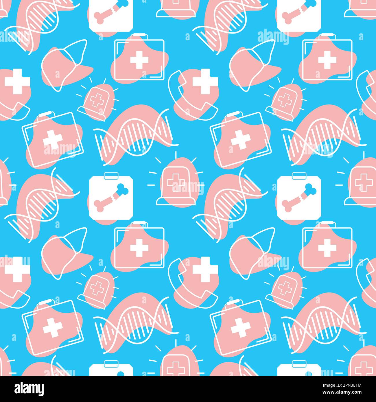 pattern with medical color elements of dna, lever, health kit, phone ...