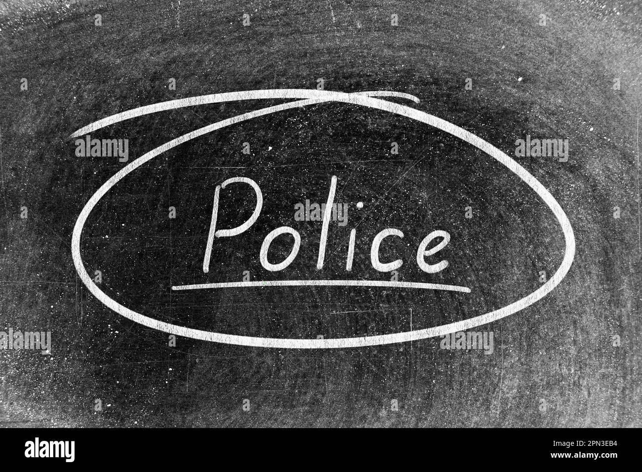 White chalk hand writing in word police and circle shape on blackboard ...