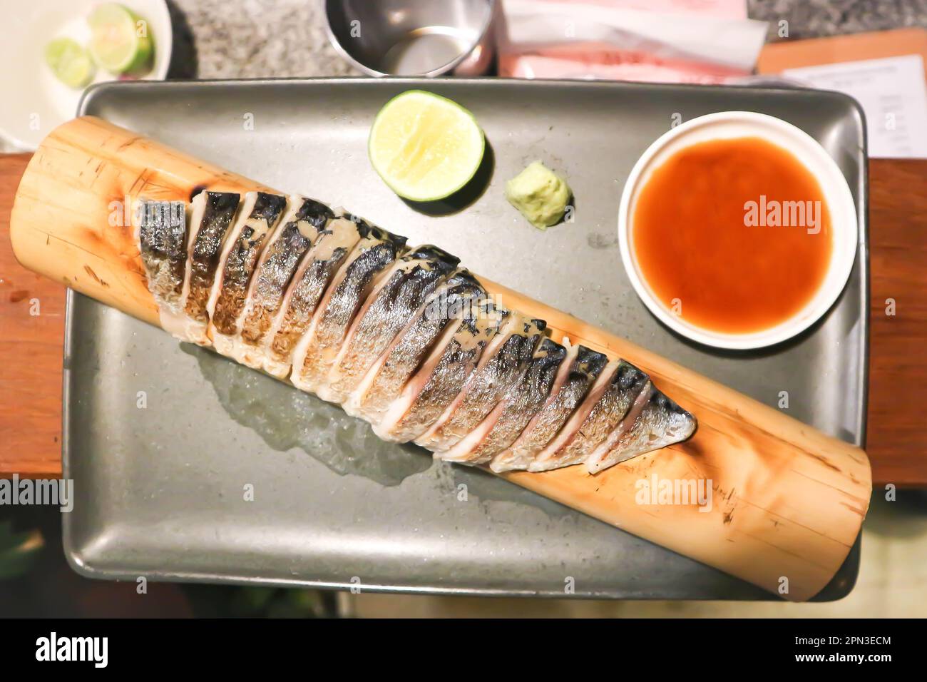 grilled blue mackerel, grilled fish or grilled saba with wasabi and ...