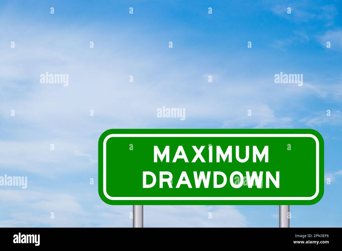 Green color transportation sign with word maximum drawdown on blue sky ...