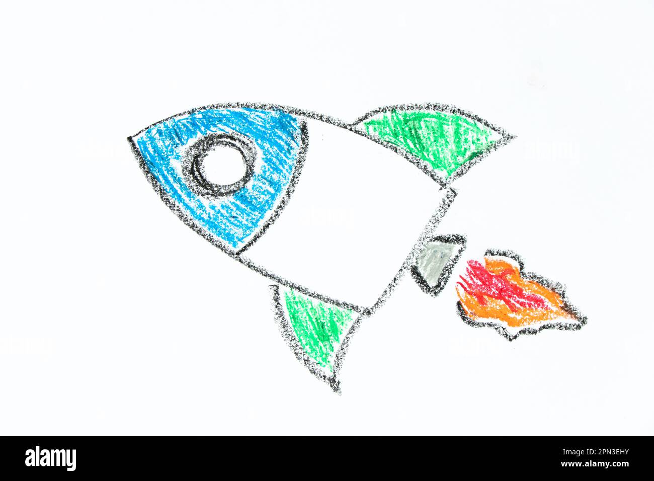 Color oil pastel hand drawing in spaceship or rocket shape on white ...