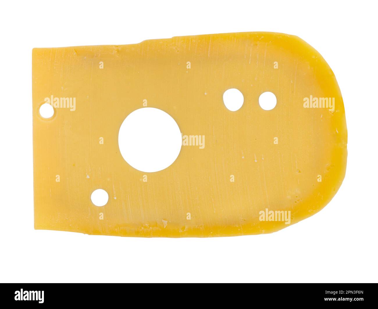 Thin slice of Dutch yellow cheese with holes. Top view, isolated on a ...