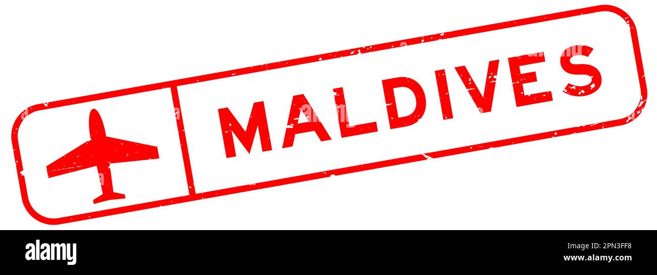 Grunge red maldives word with plane icon square rubber seal stamp on ...